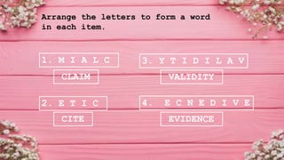 Judging the validity of the text/Valid, Evidence,Claim.pptx | Law