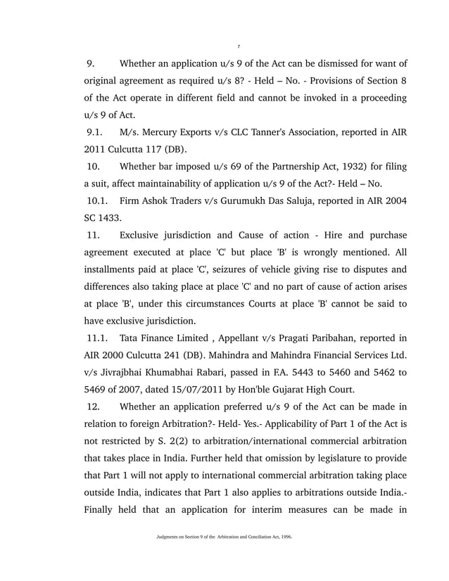 Judgments on section 9 of the Arbitration and Conciliation Act, 1996