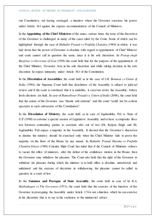 Judicial review of orders by president and governor vaibhav goyal | DOCX