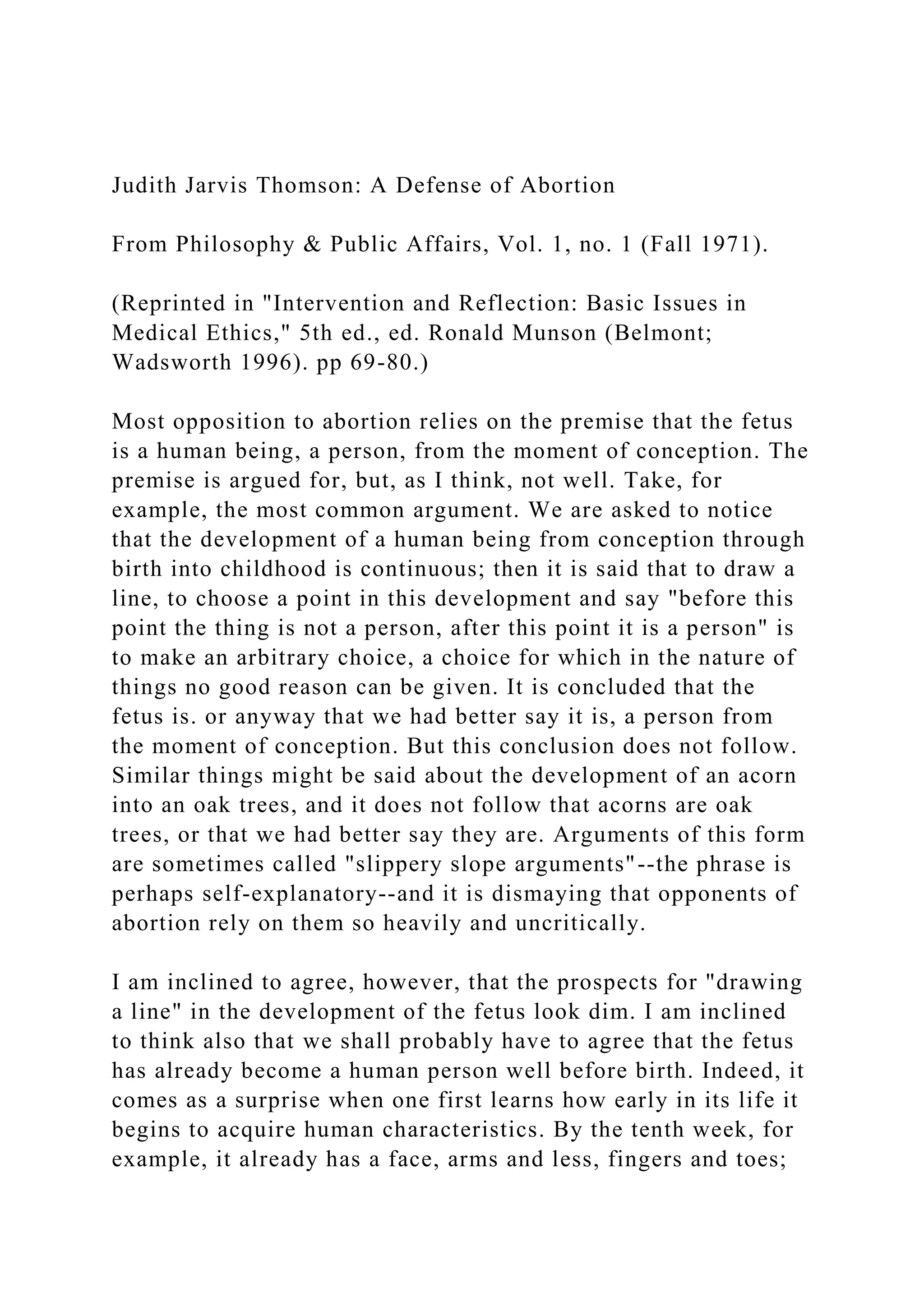 Judith Jarvis Thomson A Defense of AbortionFrom Philosophy & | DOCX | Pregnancy | Reproductive ...