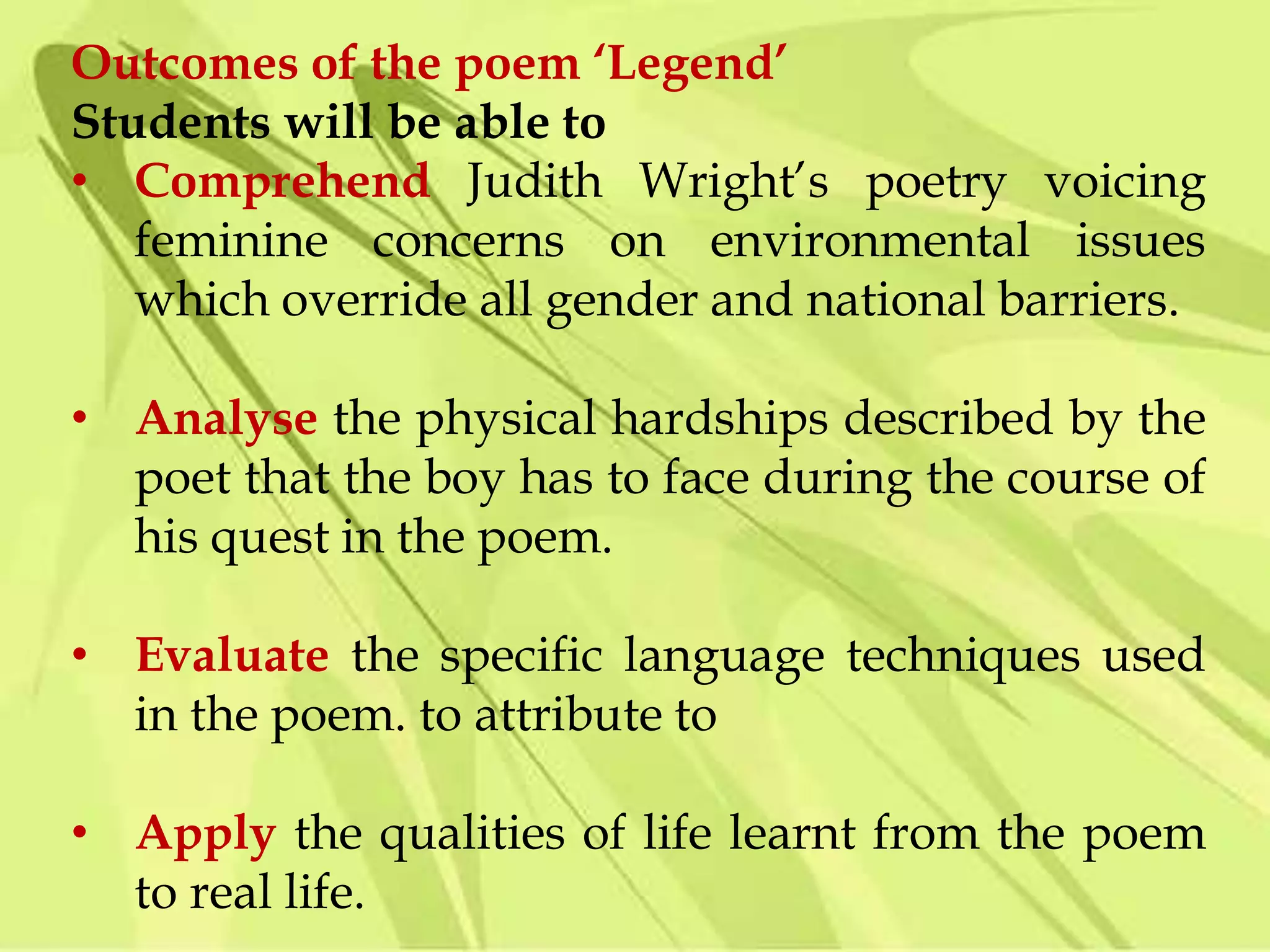 Judith Wright's poem Legend | PPT
