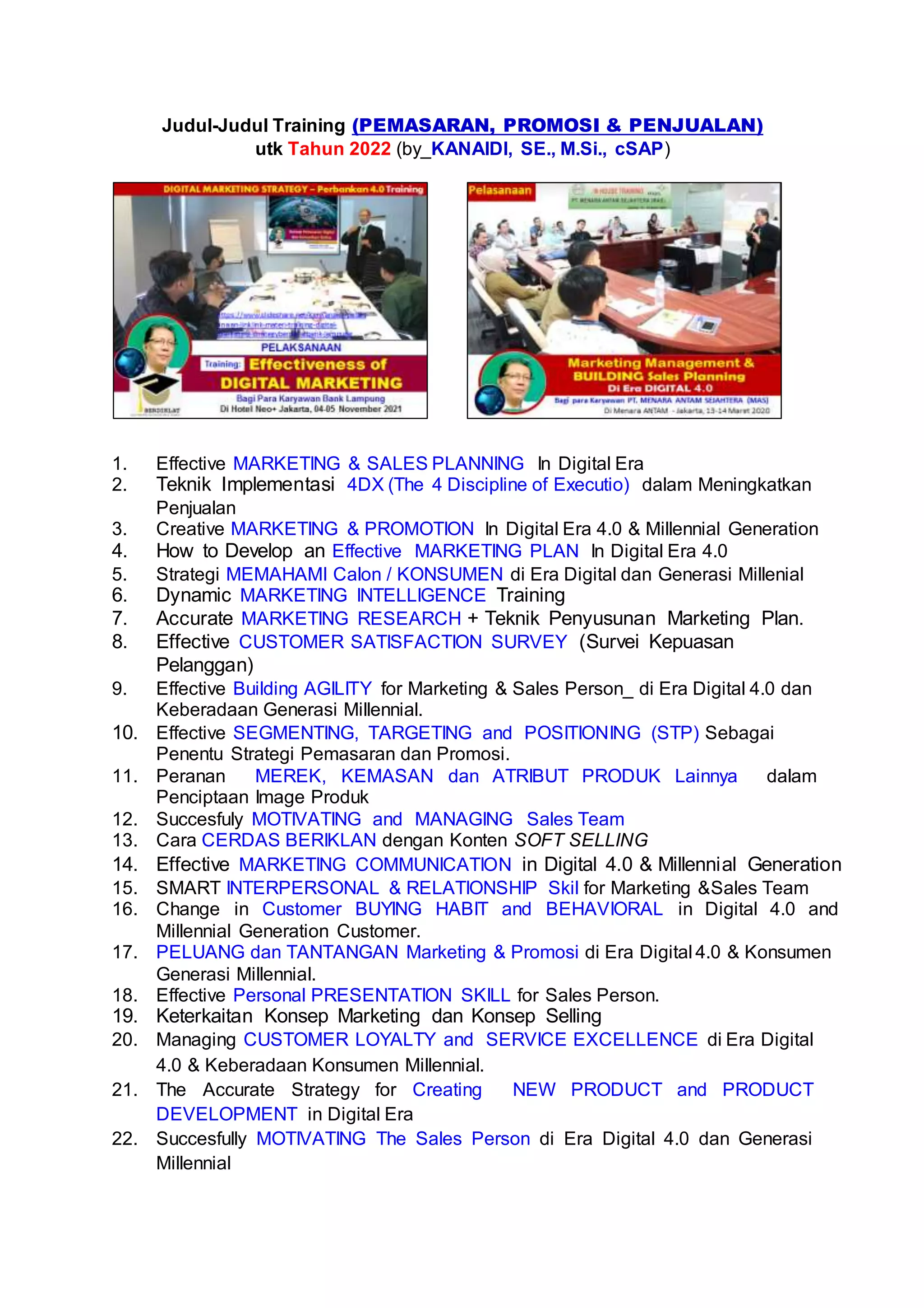 Judul-Judul Training (Bidang PEMASARAN, PROMOSI & PENJUALAN) utk Tahun ...