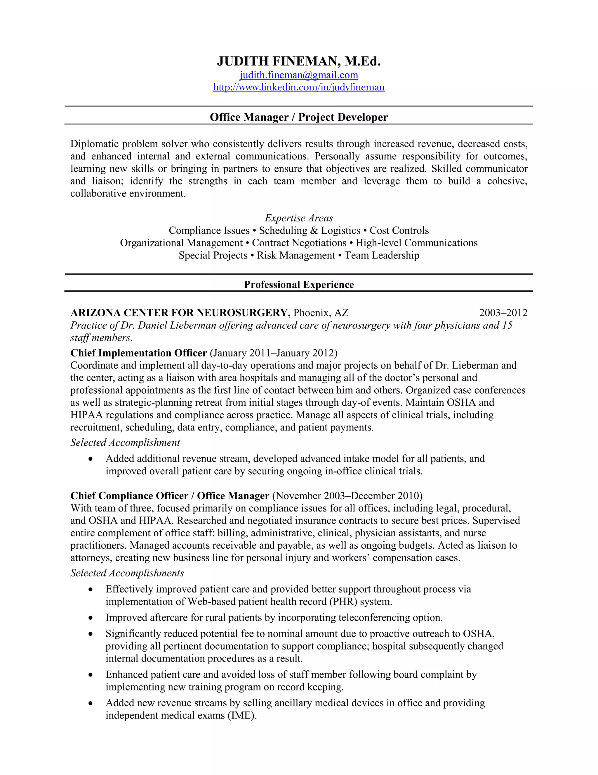 Judy Fineman, M.Ed Resume | PDF