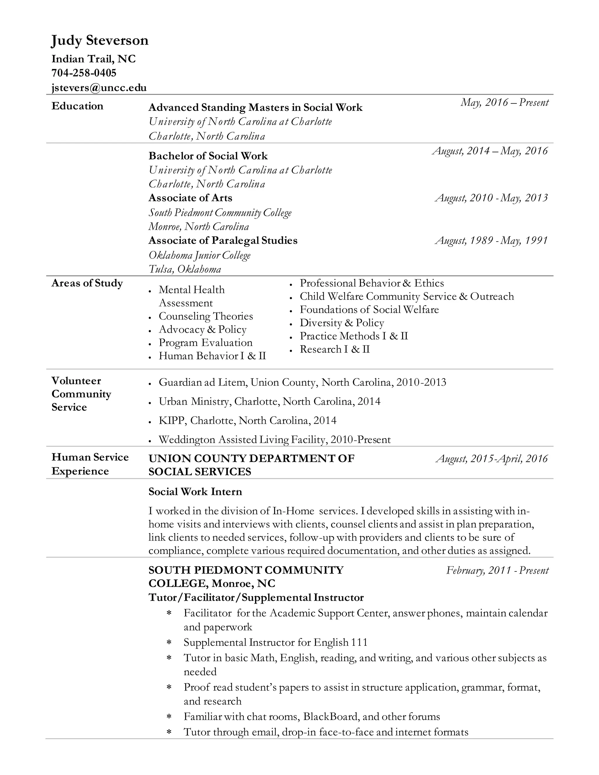 Judy Steverson Social Worker (MSW) | DOCX | College Education | Education