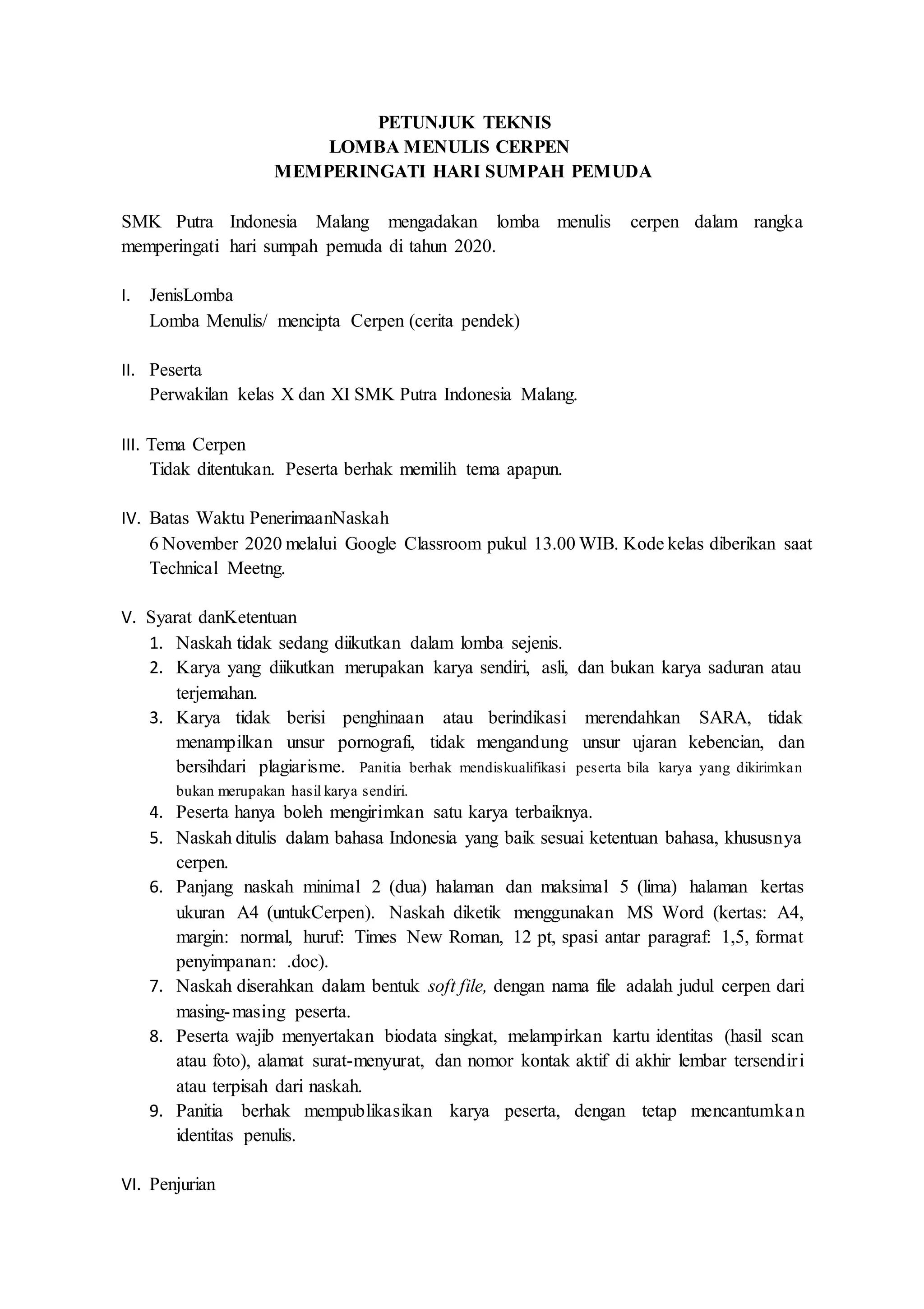 Juknis lomba cerpen smk pim 2020 (intern) | PDF | Free Download