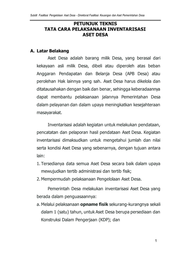 Juknis Tata Cara Pelaksanaan Inventarisasi Aset Desa | MALMING Kemendagri #28 | DOC