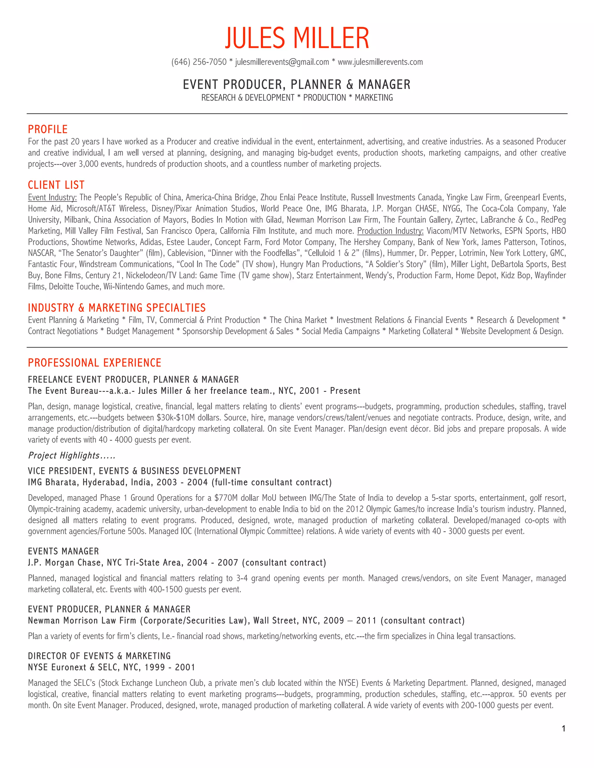 Jules Miller EVENTS Resume | PDF