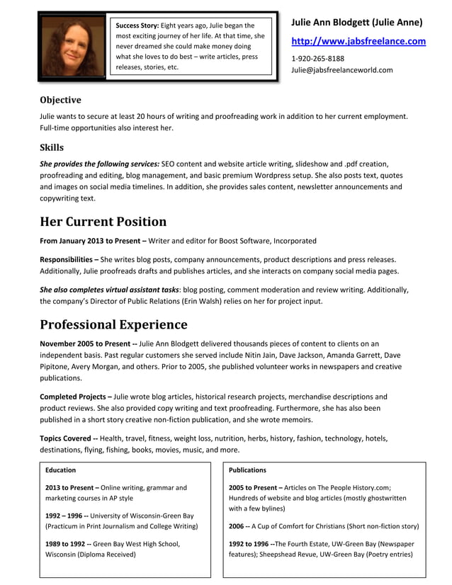 Julie Anne, Writer for Hire -- Resume | PDF