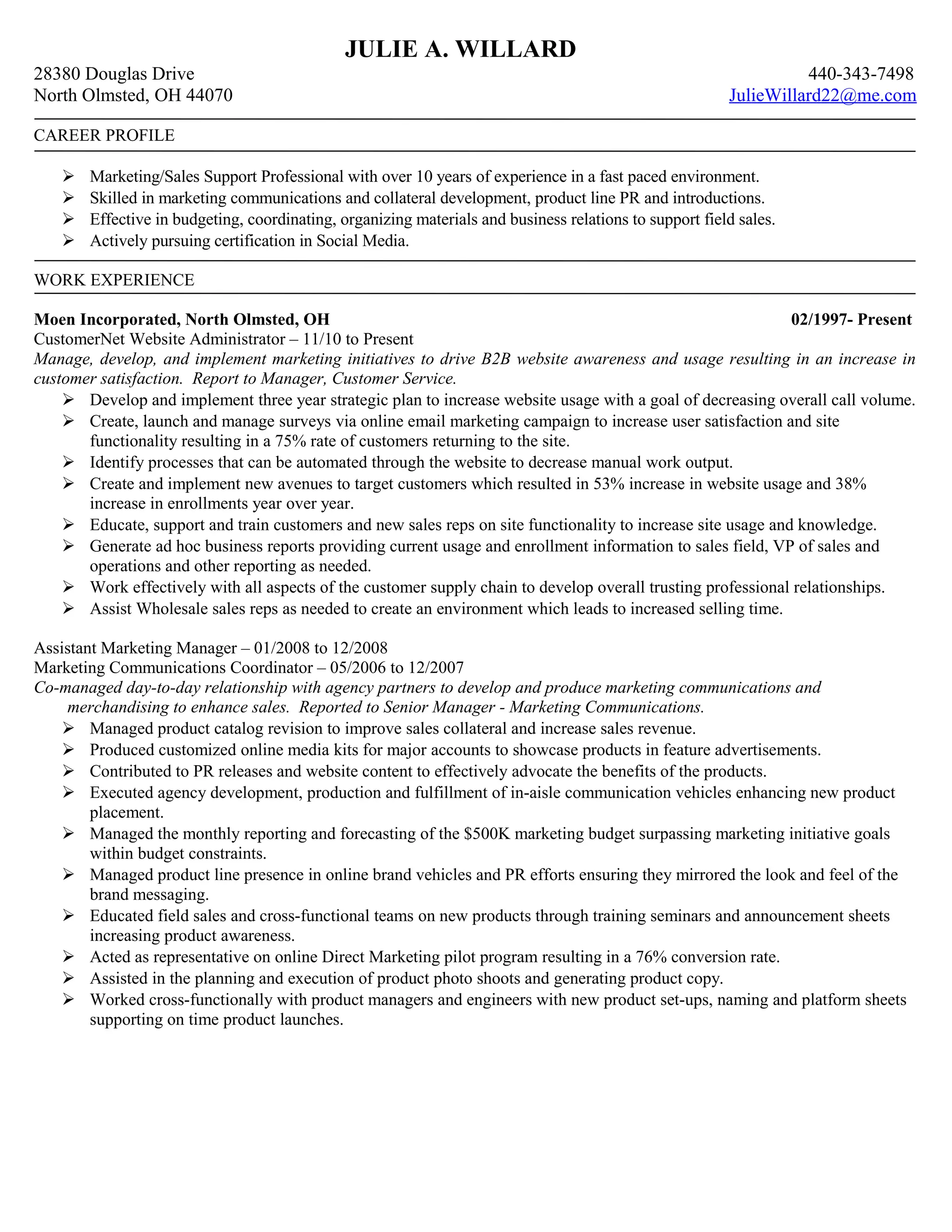 Julie willard resume | DOC | Marketing and Advertising | Business