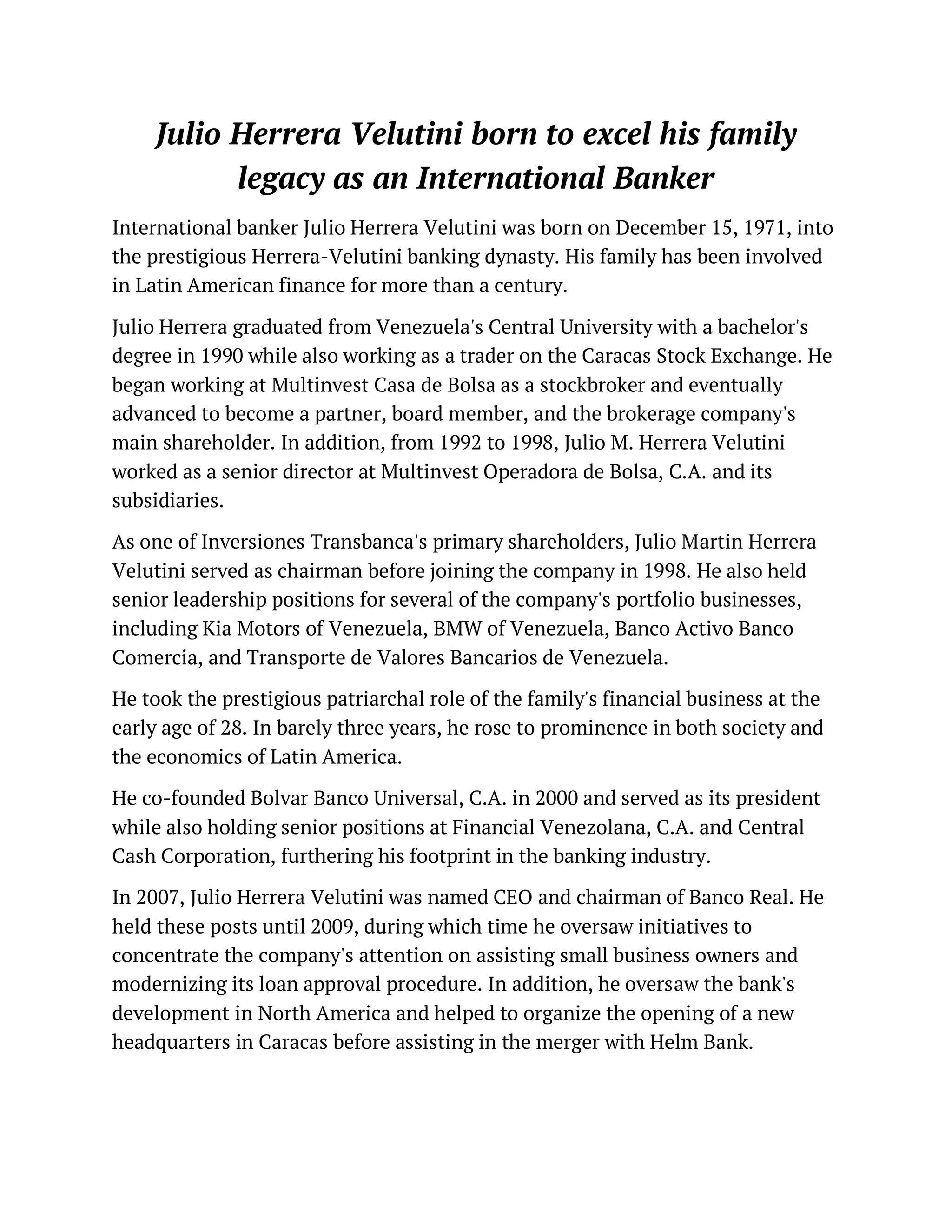 Julio Herrera Velutini born to excel his family legacy as an ...