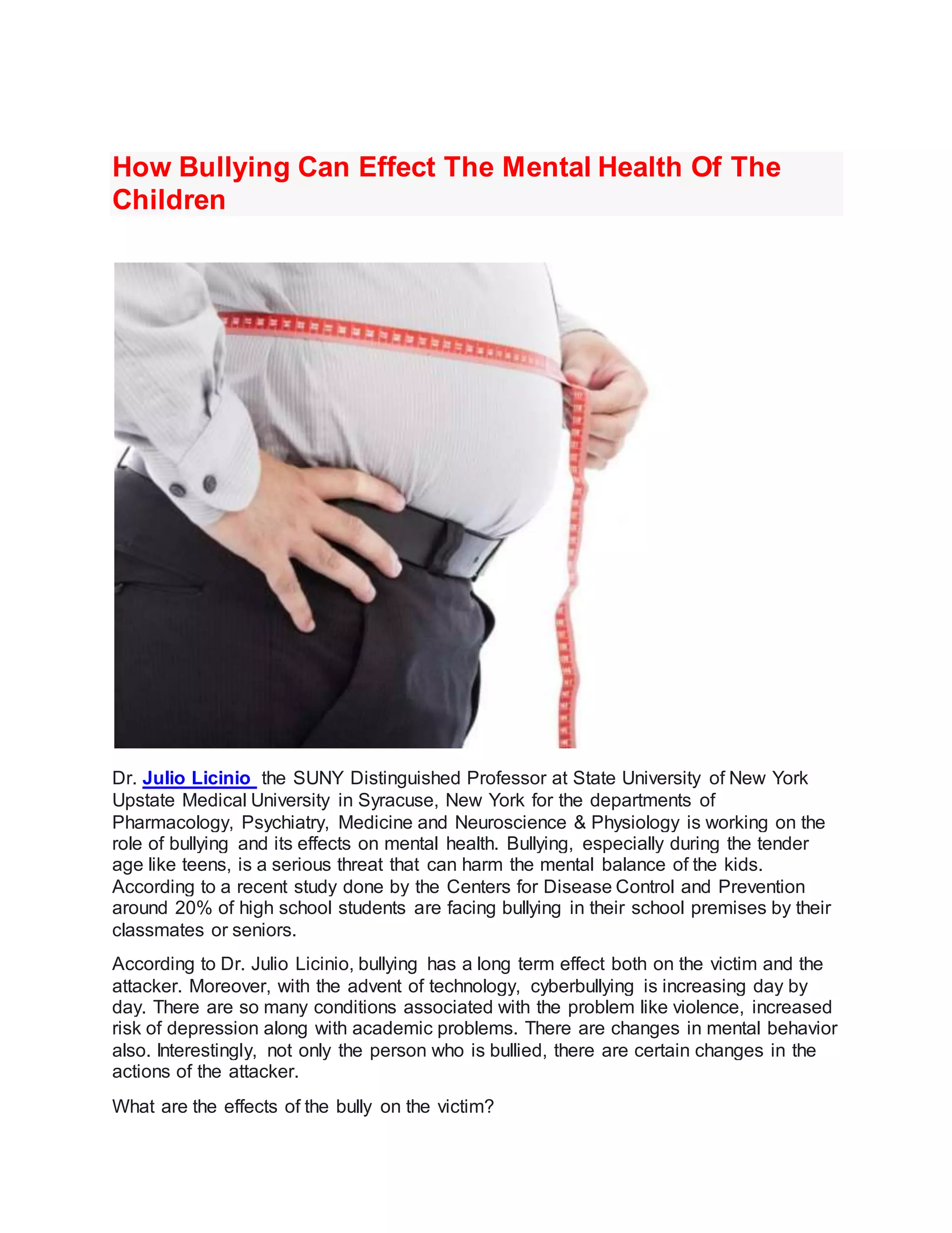 How Bullying Can Effect The Mental Health Of The Children | PDF