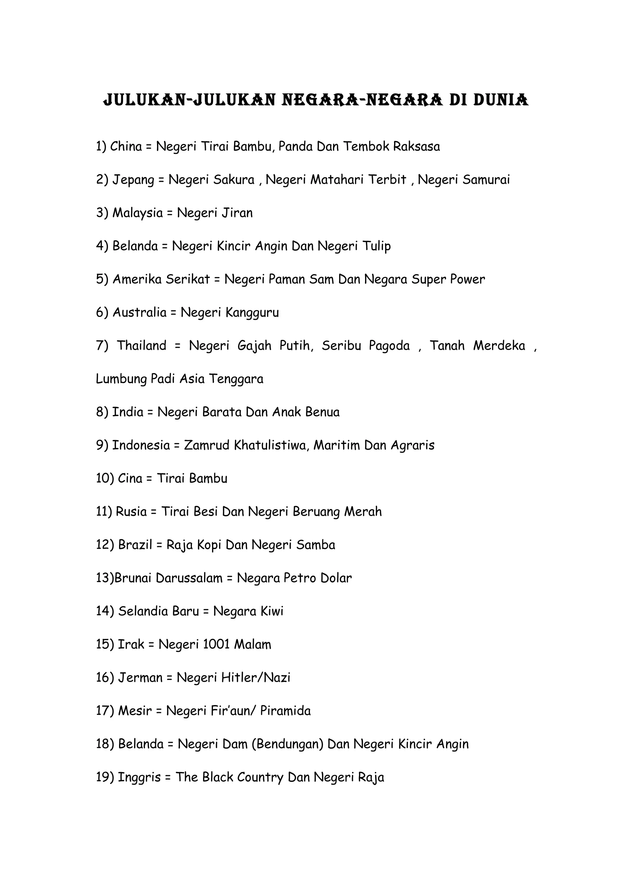 Julukan julukan negara | DOC