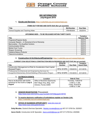 Orange County Public Schools Bid Information July and August 2018 | PDF