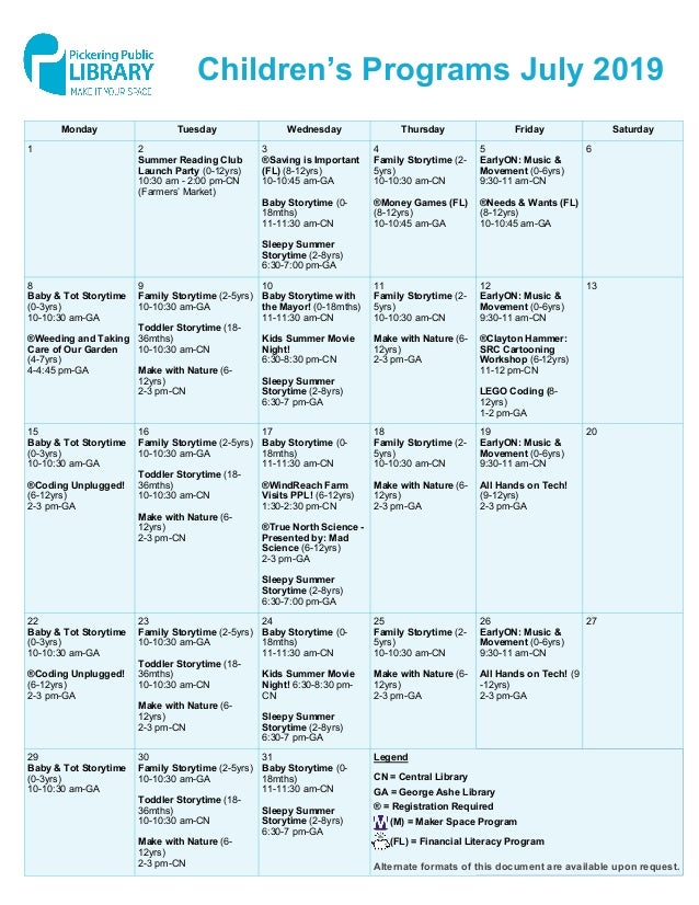 Pickering Public Library July 2019 Monthly Program Calendars