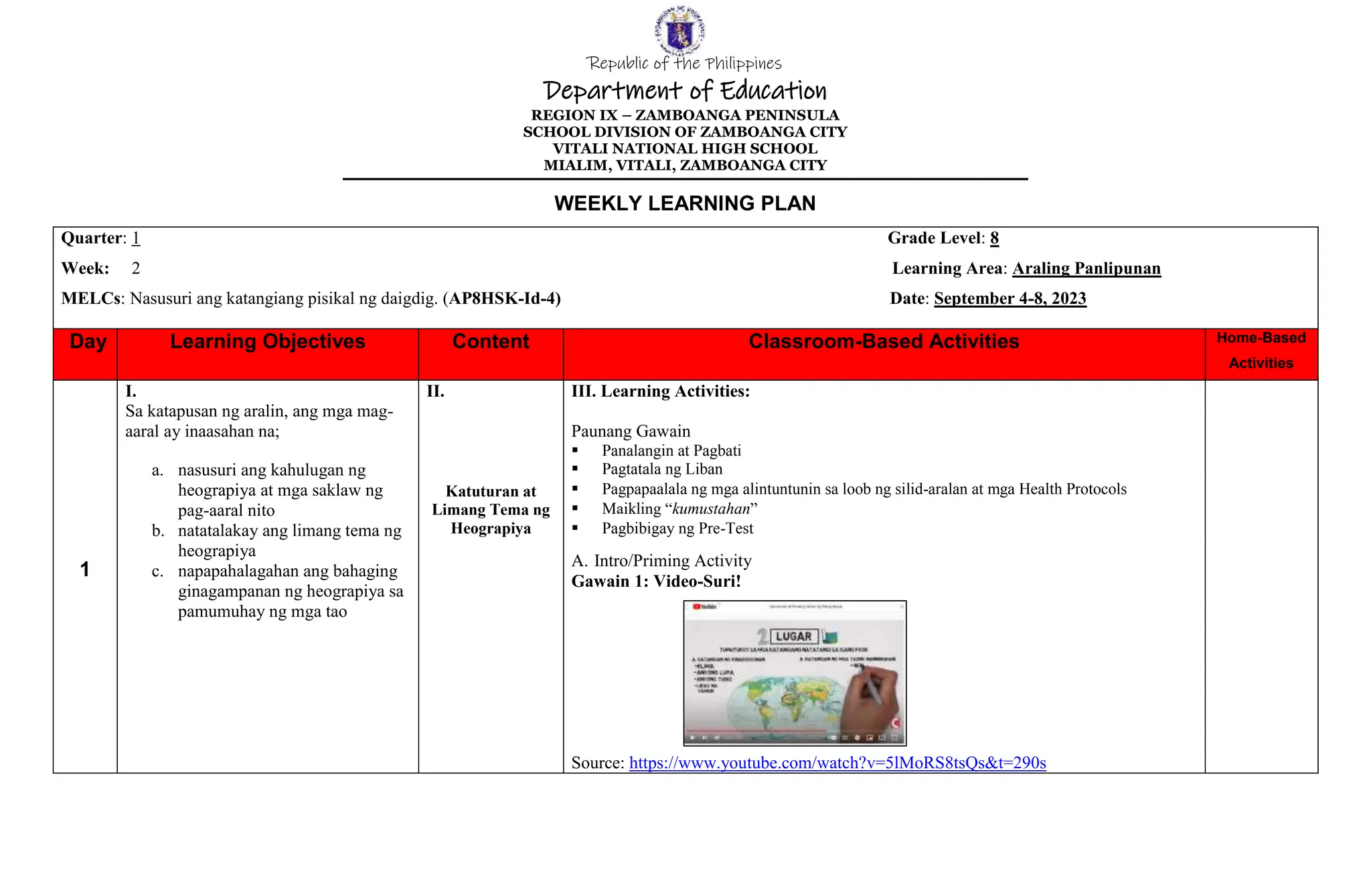 WEEKLY LEARNING PLAN FOE YEAR. 2024-2025 | DOCX