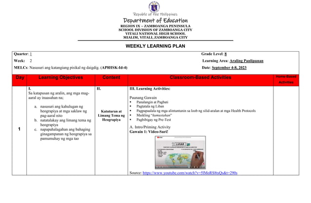 WEEKLY LEARNING PLAN FOE YEAR. 2024-2025 | DOCX
