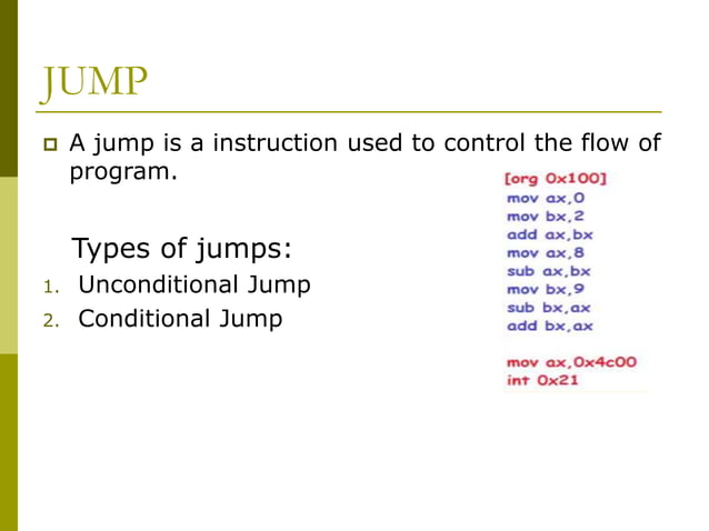 Jumps in Assembly Language. | PPT | Programming Languages | Computing