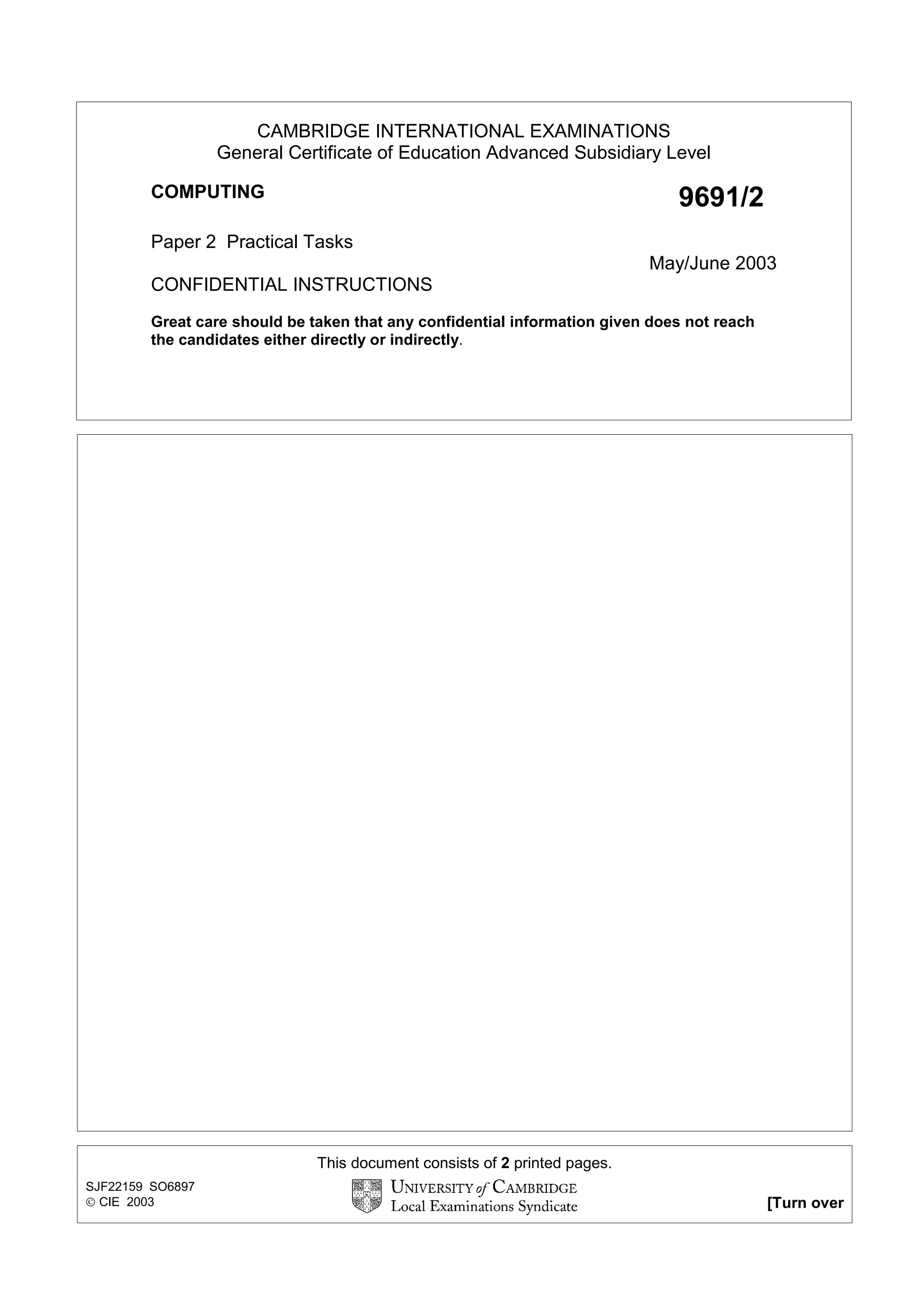 Computing Paper 2 Practical Tests may june 2003 confidental instruction ...