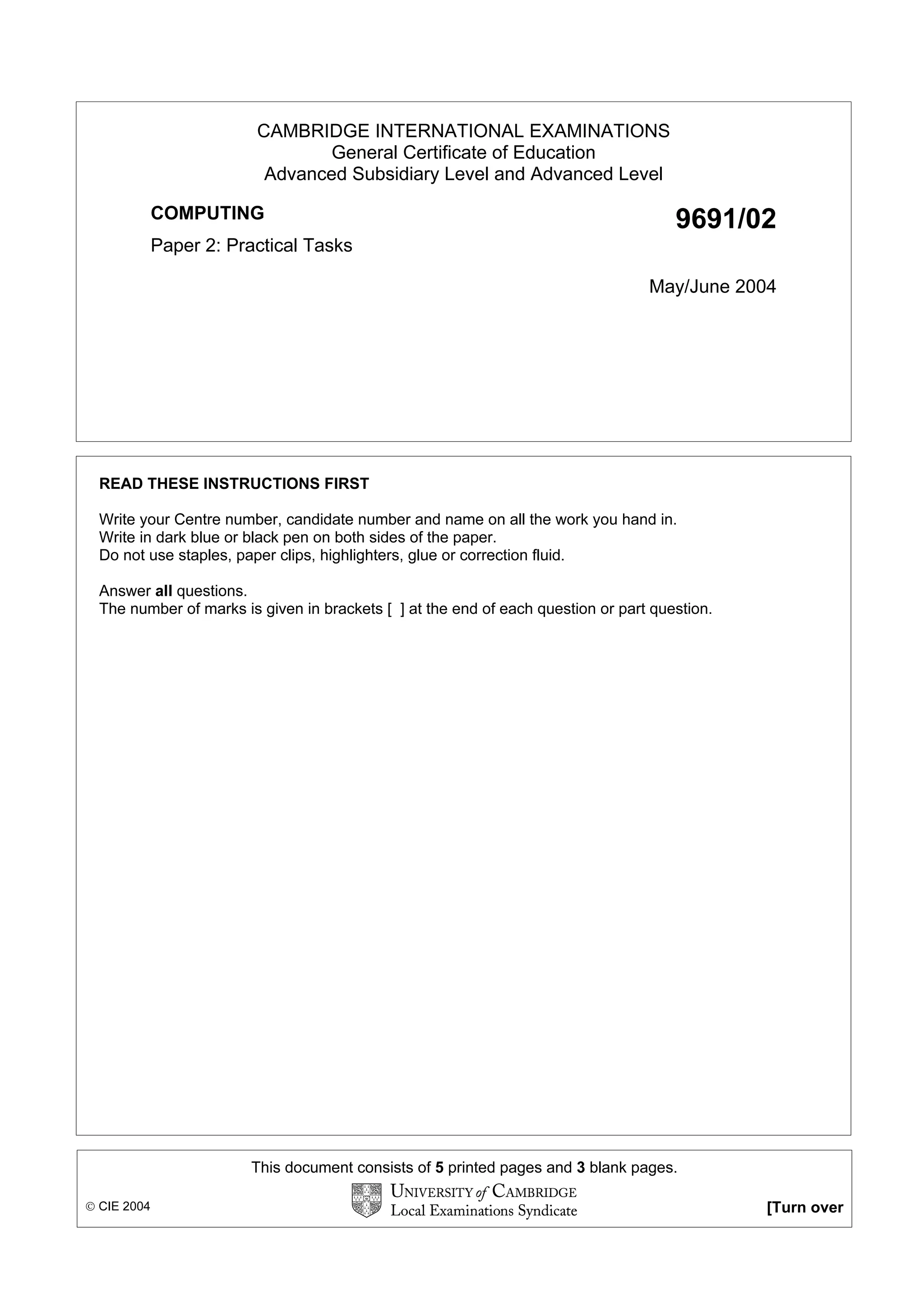 Computing Paper 2 Practical Tests may june 2004 general certificate of ...