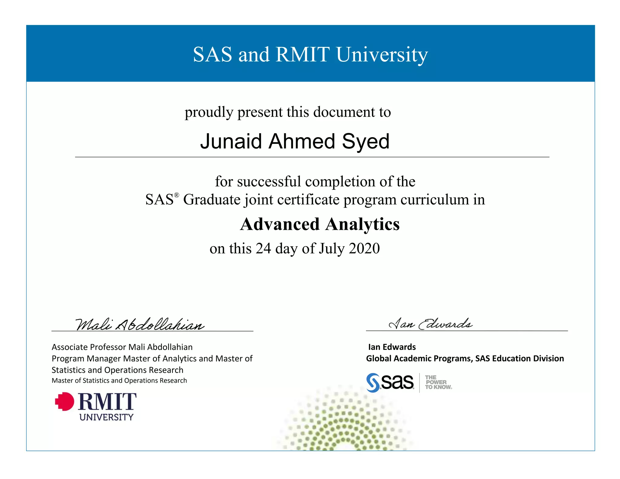 RMIT SAS Joint certificate in advance analytics | PDF