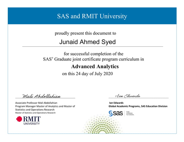 RMIT SAS Joint certificate in advance analytics | PDF