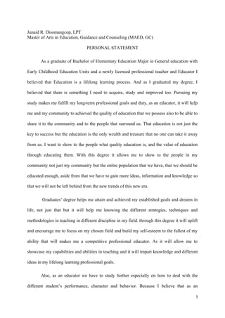 SAMPLE OUTLINE OF PERSONAL STATEMENT IN MASTERS | DOCX