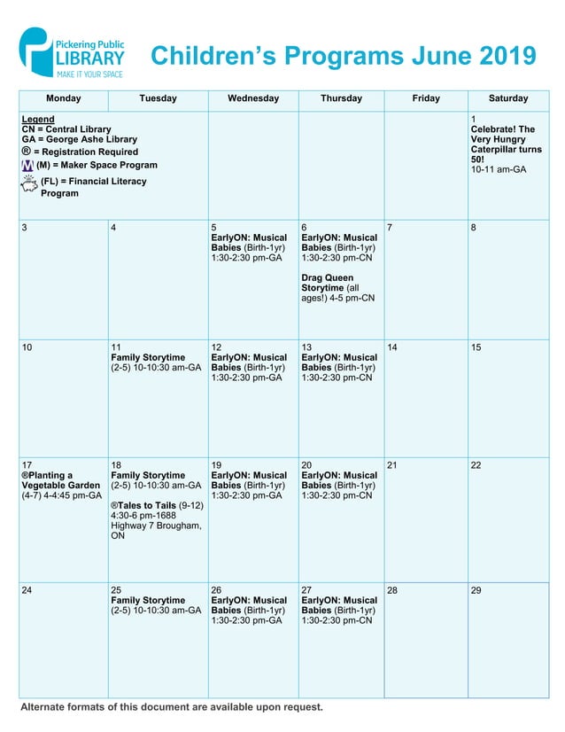 Pickering Public Library June Monthly Calendars | PDF