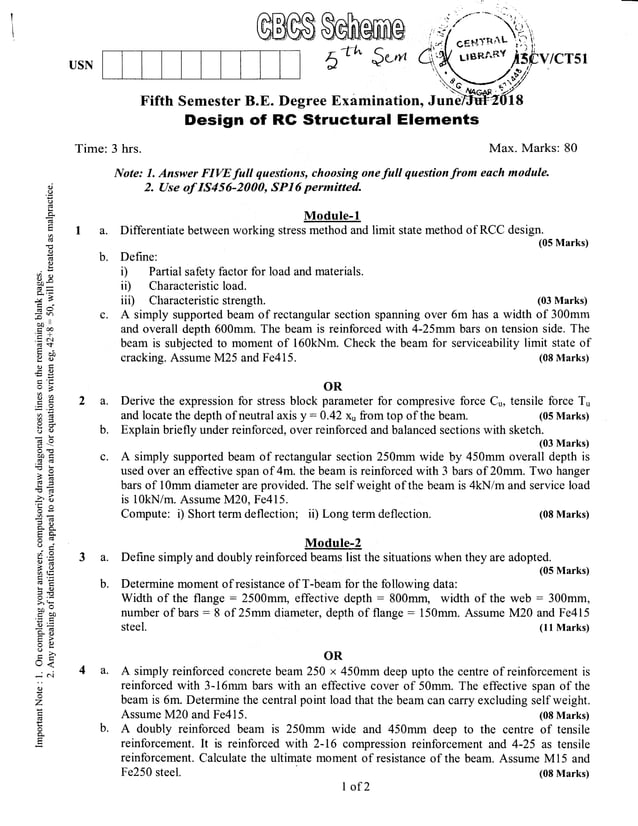 5th Semester Civil Engineering Question Papers June/july 2018 | PDF