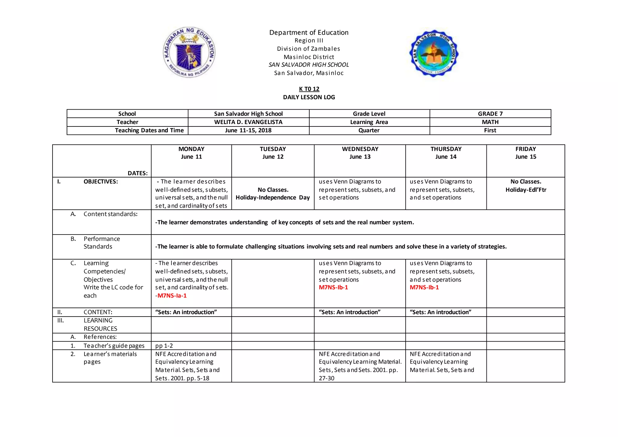 DLL Math Grade 7 second week | DOCX