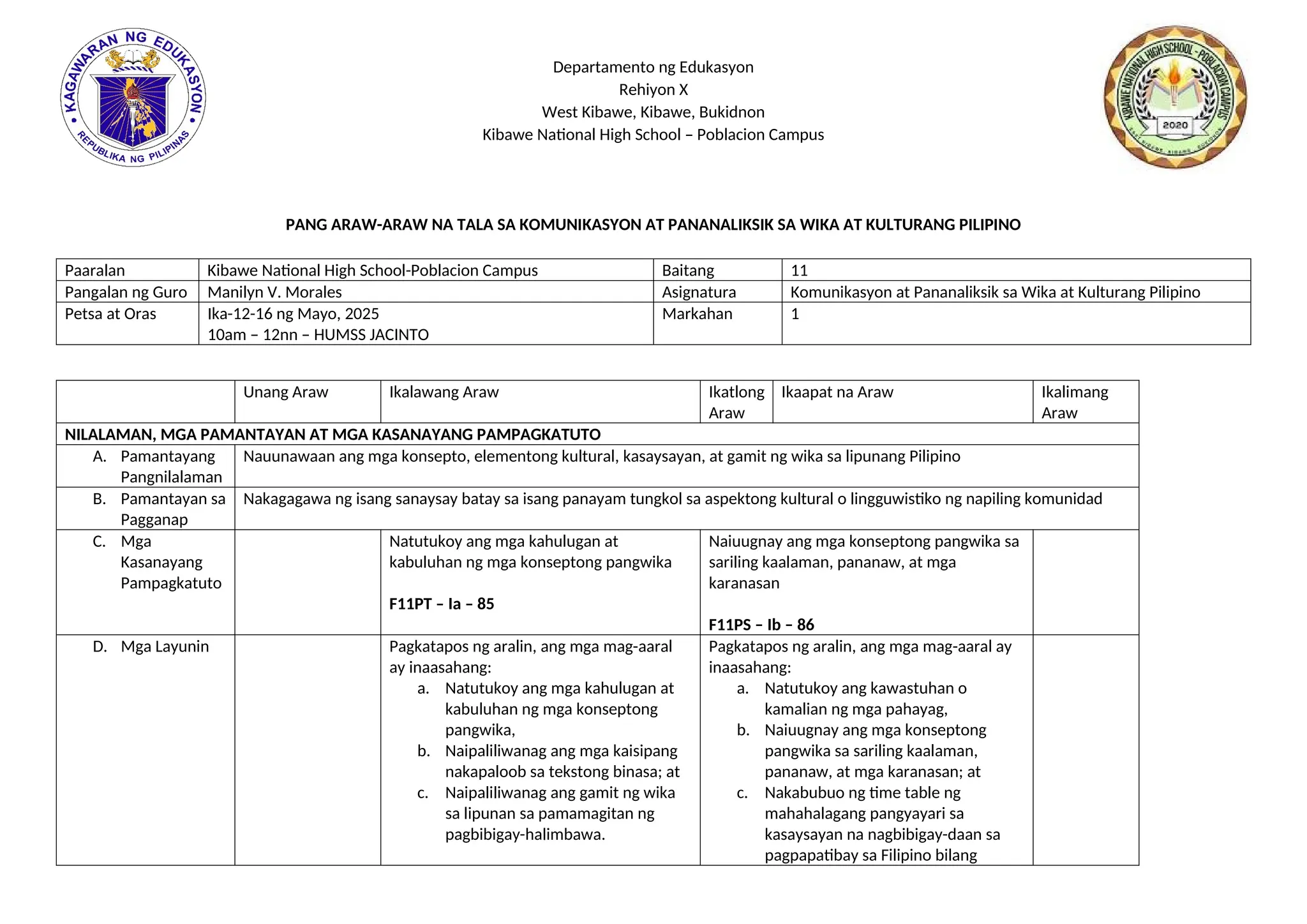 DAILY LESSON LOG SENIOR HIGH SCHOOL JUNE | DOCX