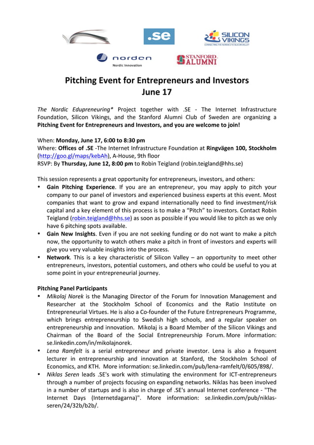 Pitching Event for Entrepreneurs and Investors - Stockholm | PDF ...