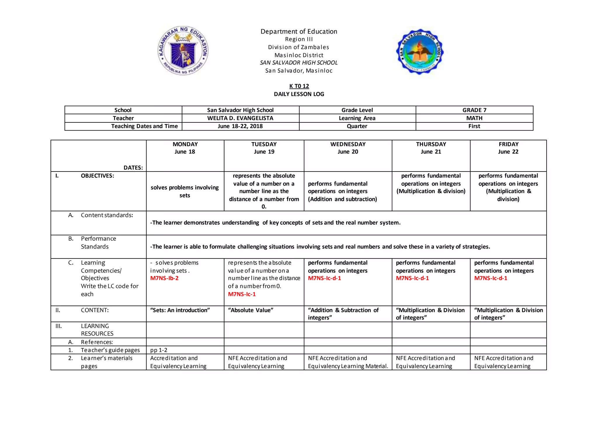DLL Math Grade 7 Third week | DOCX