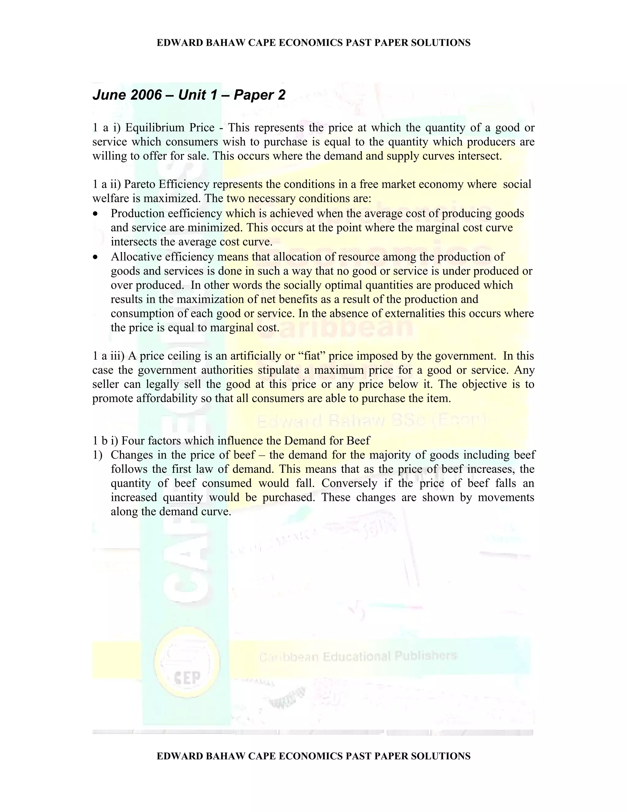 CAPE Economics, June 2006, Unit 1, Paper 2 suggested answer by Edward ...