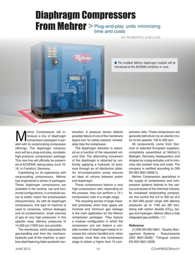 Diaphragm Compressors From Mehrer - June 2015 COMPRESSORtech2 | PDF