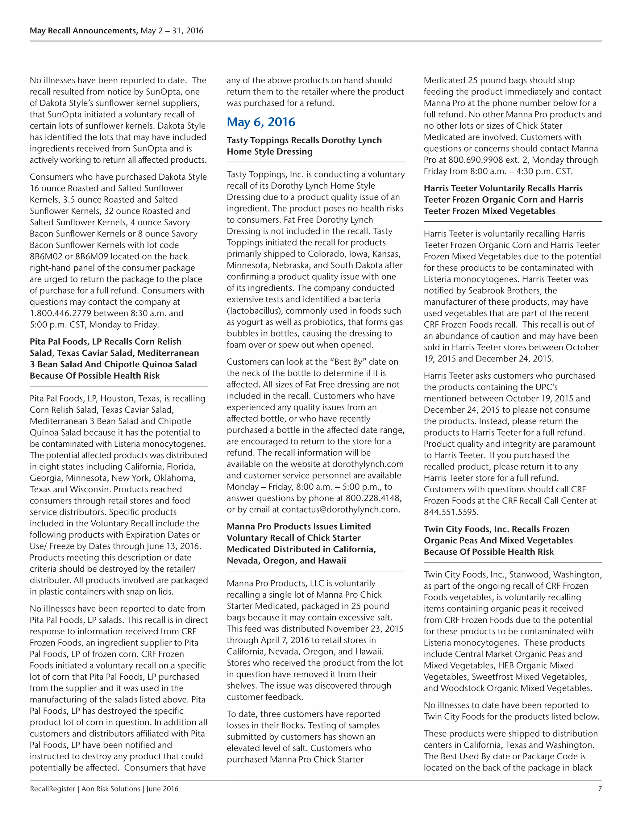 June 2016 recall register | PDF