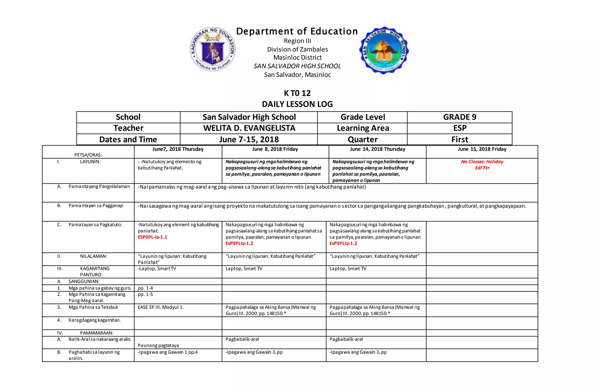 DLL in ESP Grade 9 | DOCX
