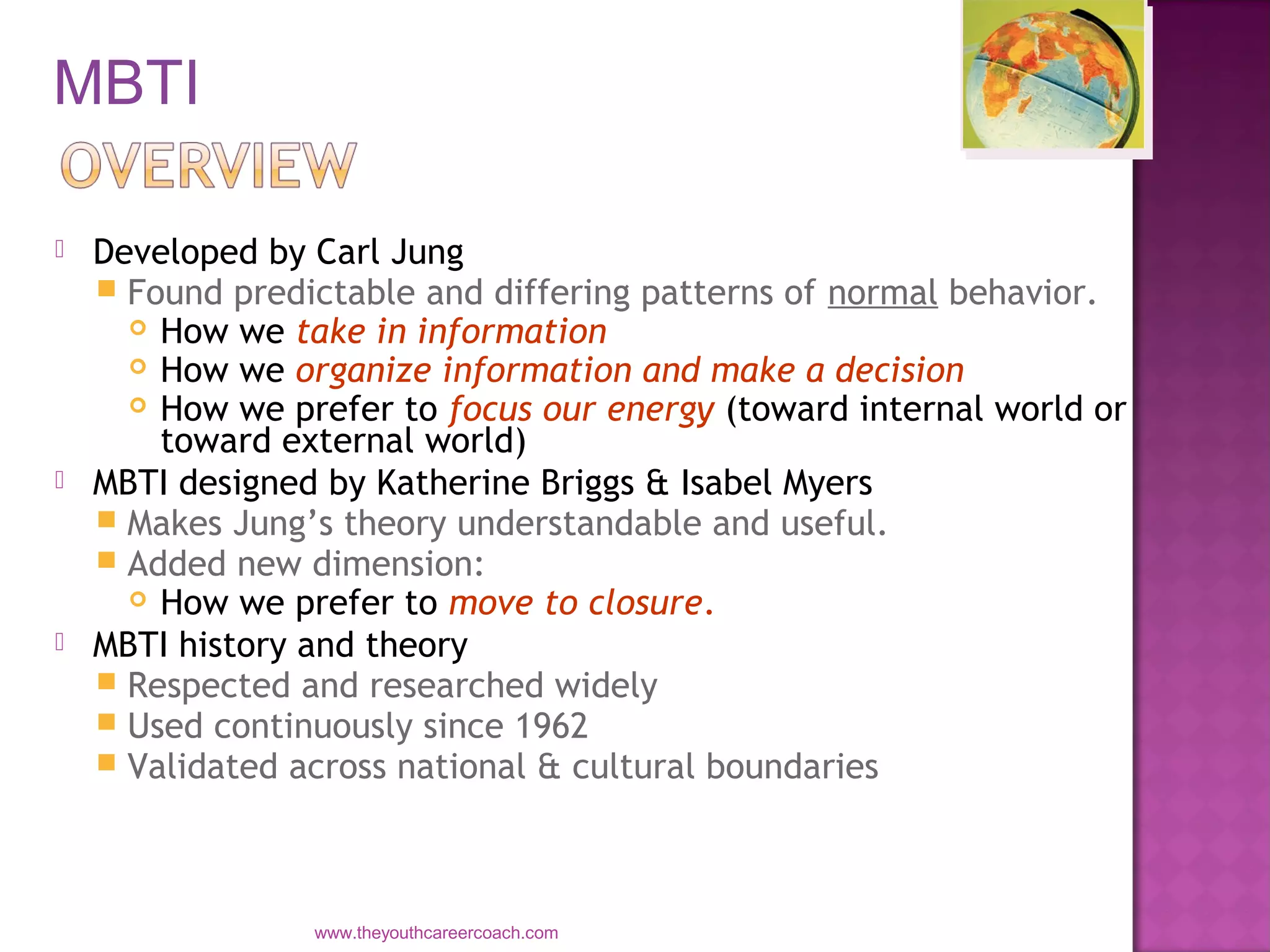 Jung Personality MBTI Slide Show for Youth & Young Professionals | PPT