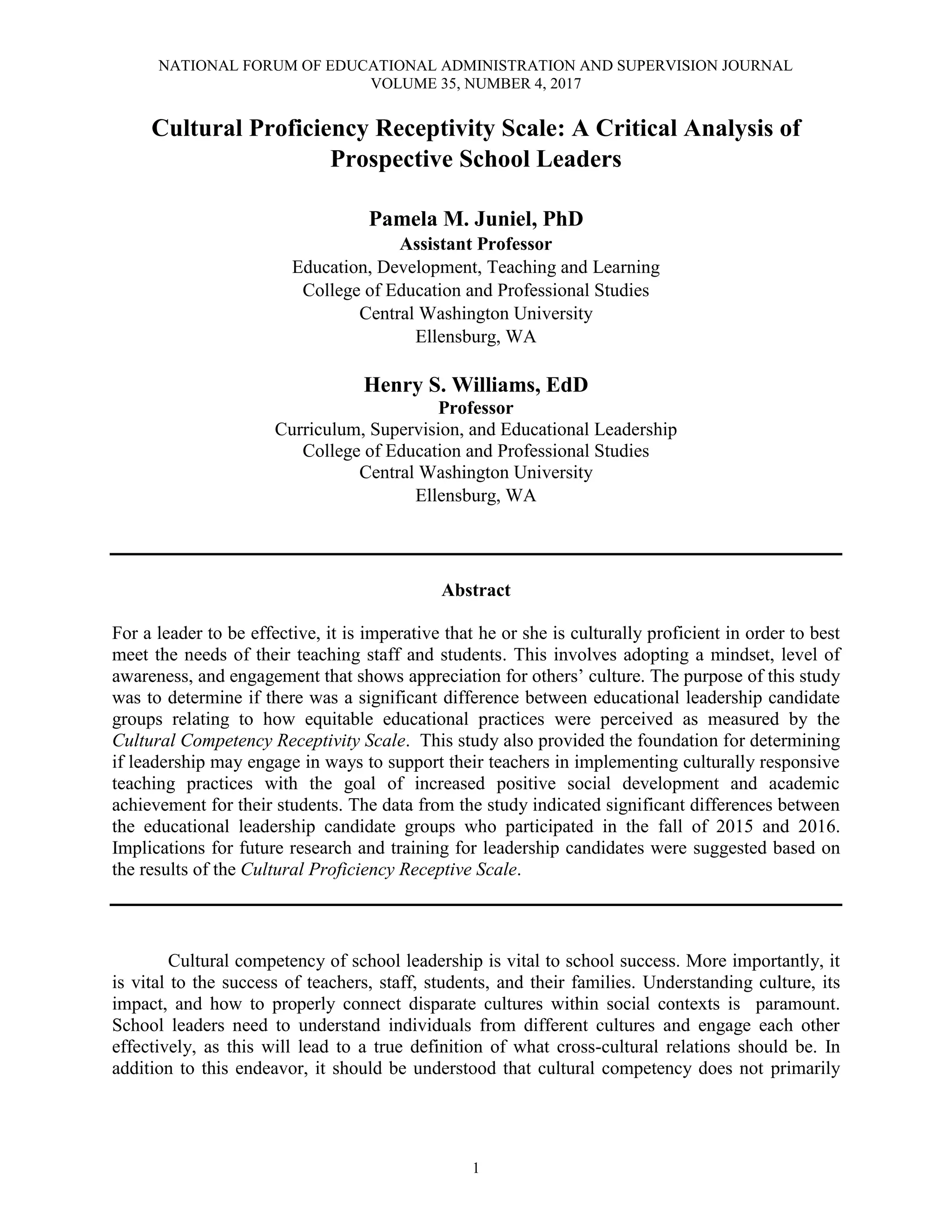 Juniel, pamela m cultural proficiency receptivity scale nfeasj v35 n4 ...
