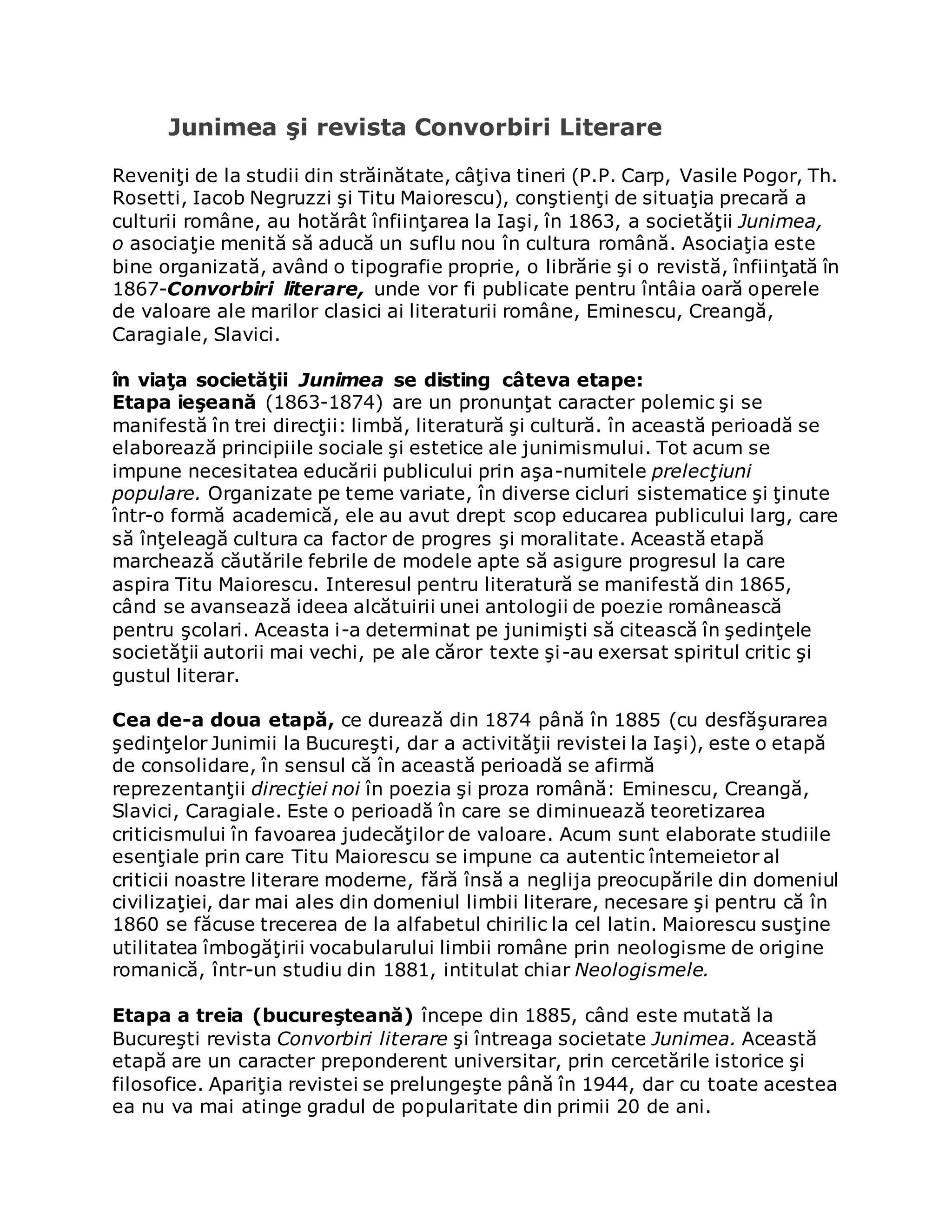 Junimea şi revista convorbiri literare | DOCX