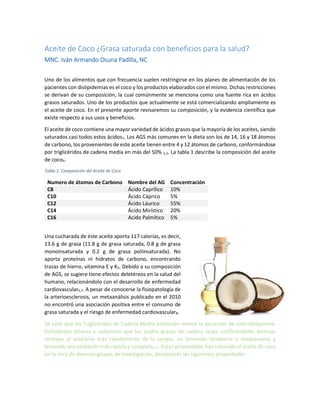 Aceite de Coco. ¿Grasa saturada con beneficios en la salud? | PDF