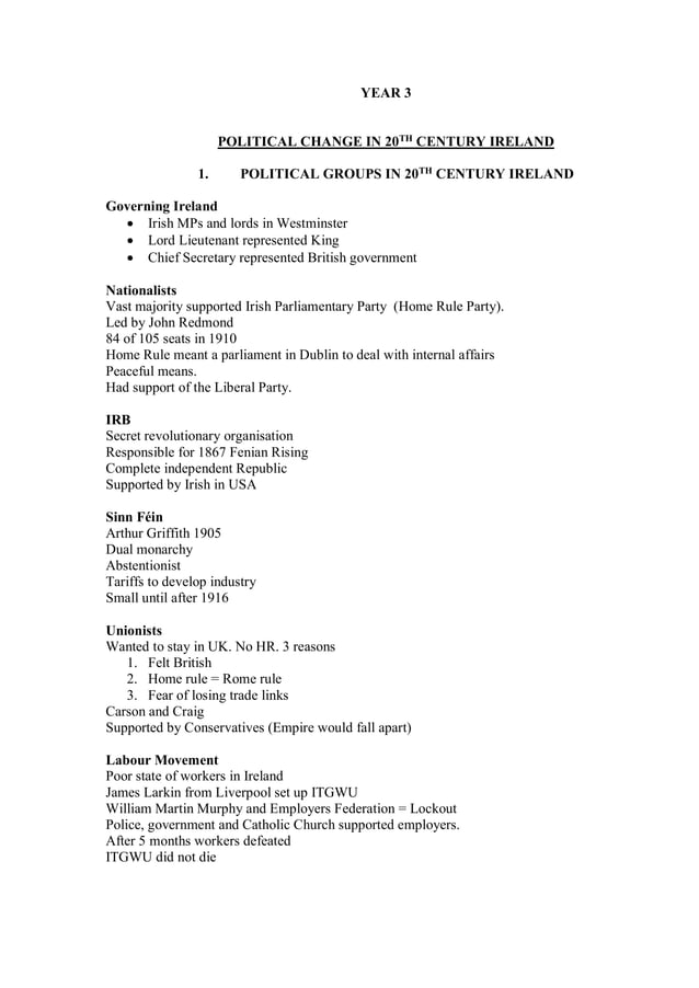 Third Year Junior Cert History Notes | PDF | Death, Injury, or Military ...