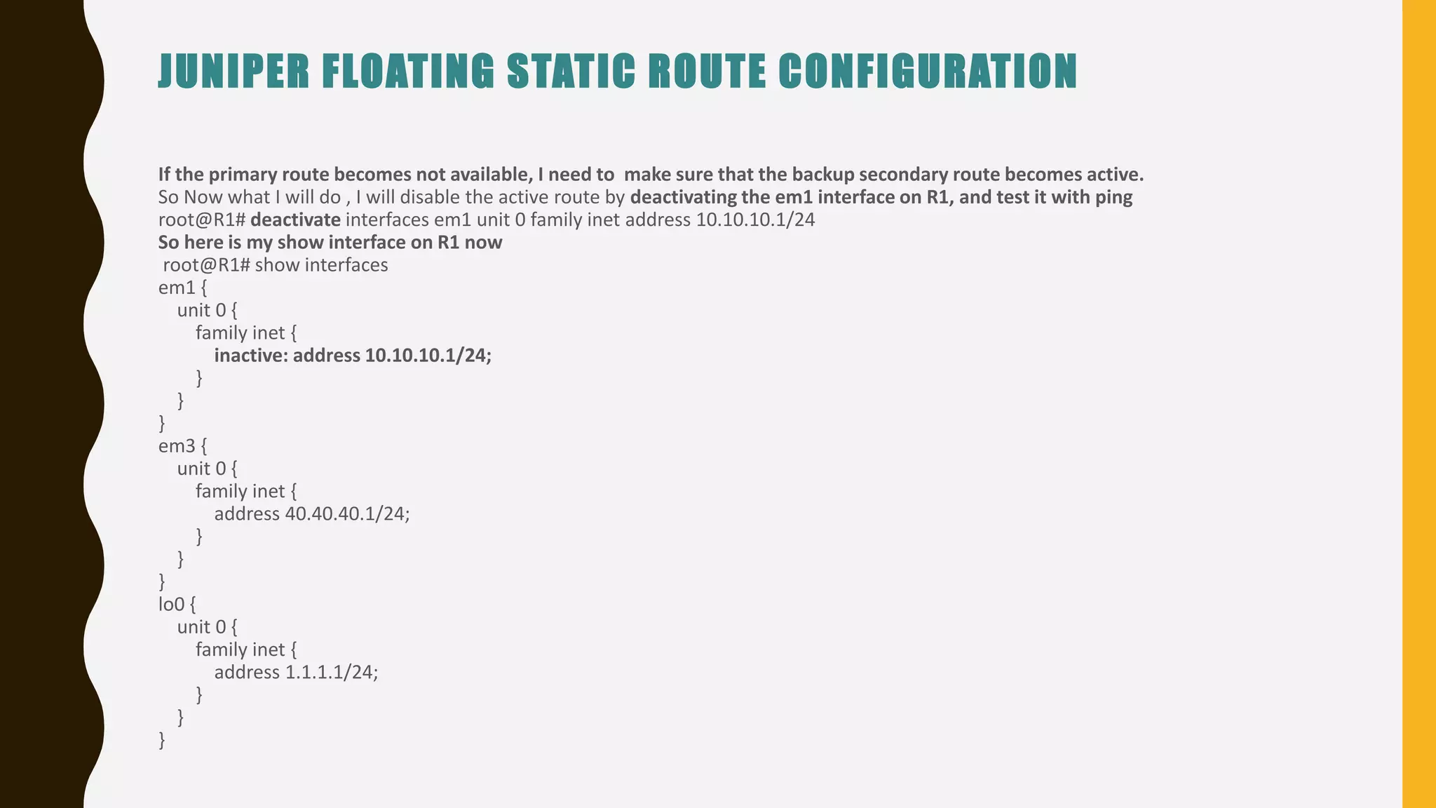 Juniper JNCIA – Juniper Floating Static Route Configuration | PPTX | Computer Networking | Computing