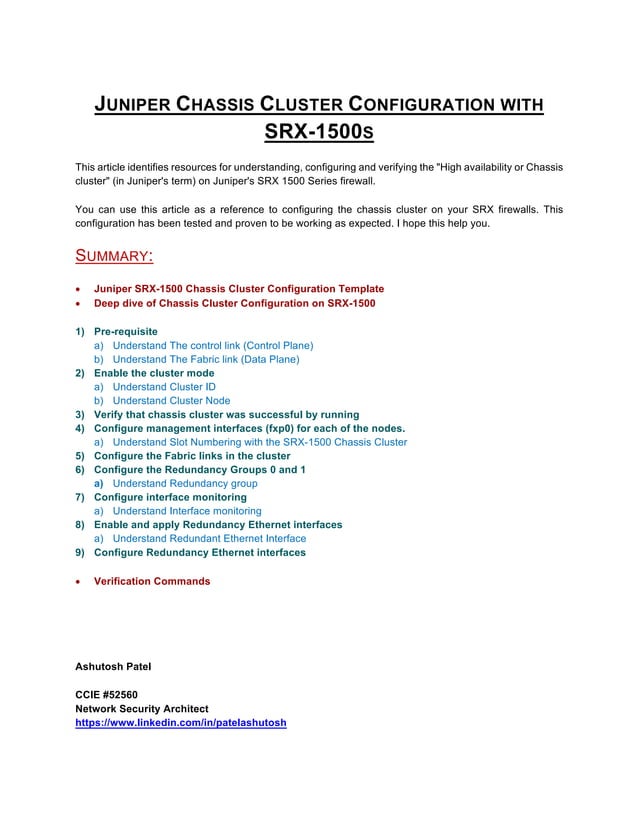 Juniper Chassis Cluster Configuration with SRX-1500s | PDF