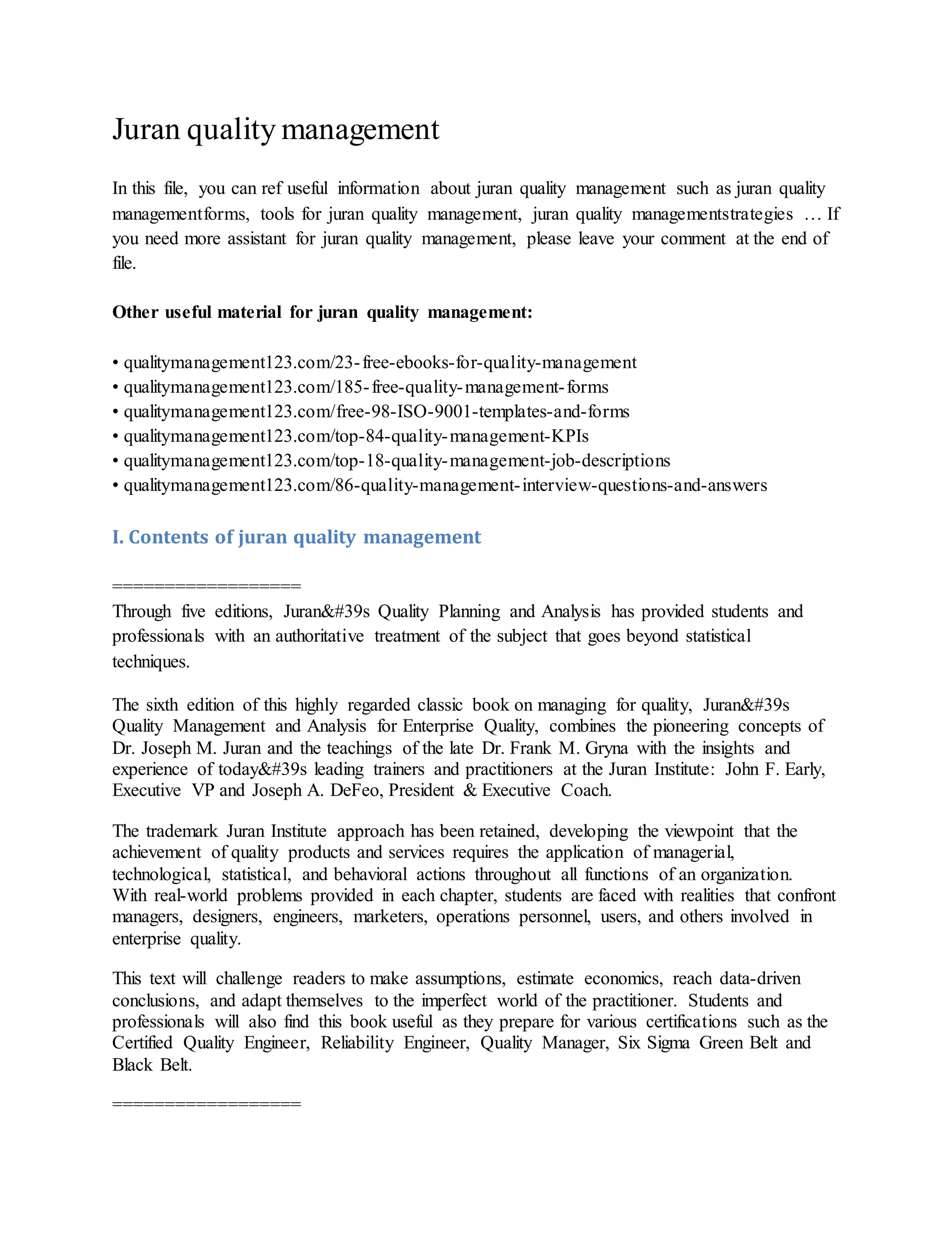 Juran quality management | DOCX