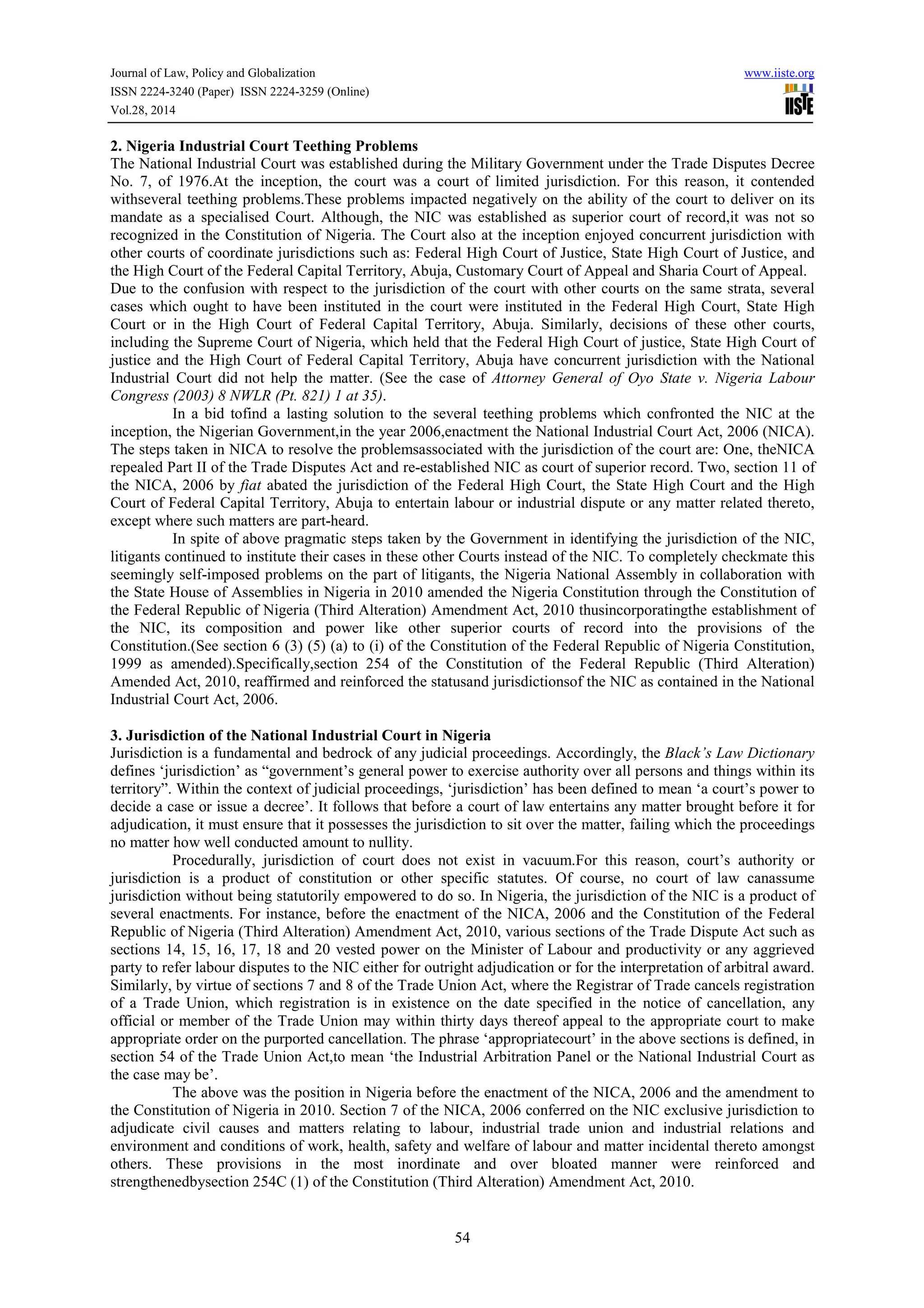 Jurisdiction of the national industrial court of nigeria | PDF