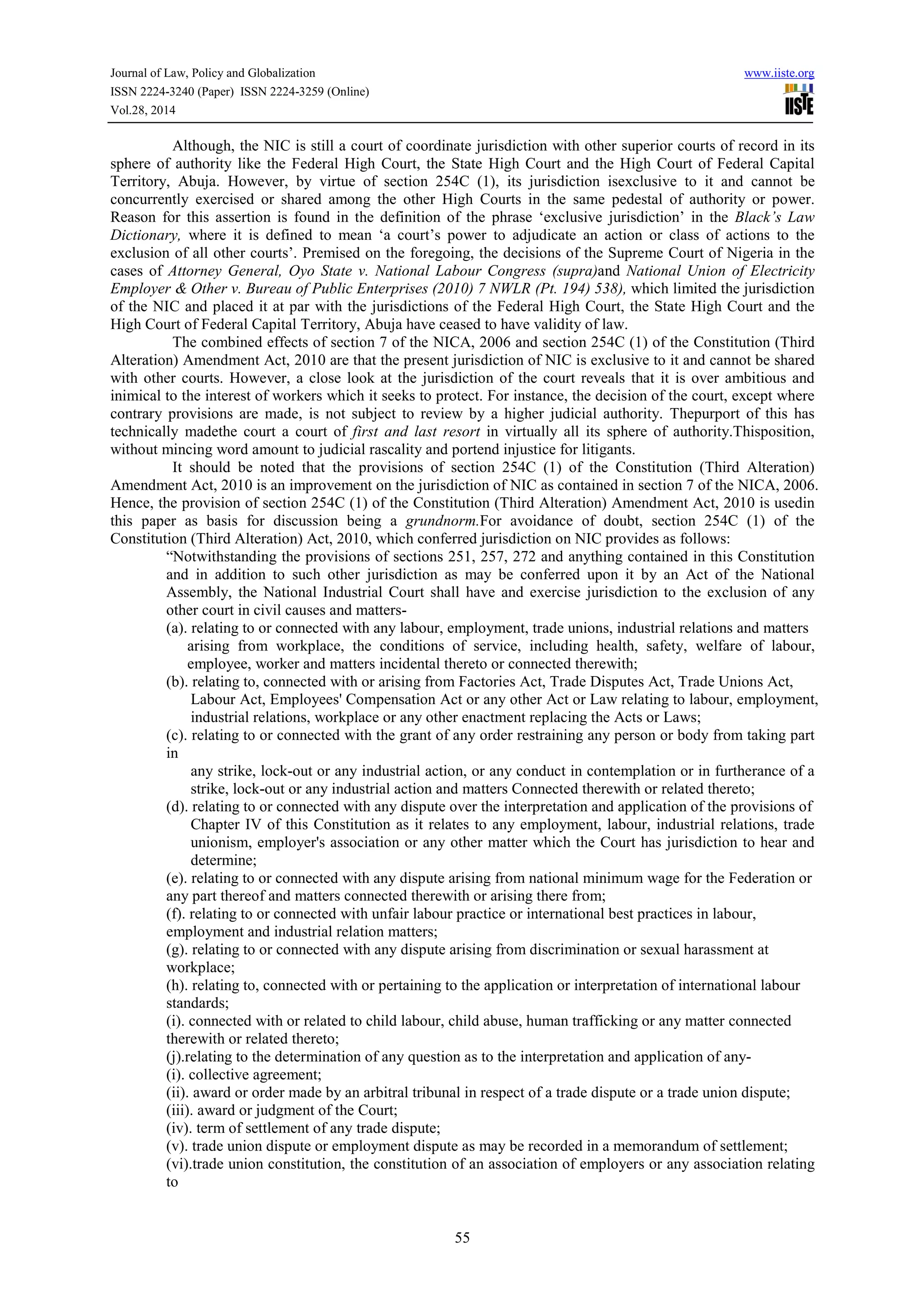 Jurisdiction of the national industrial court of nigeria | PDF