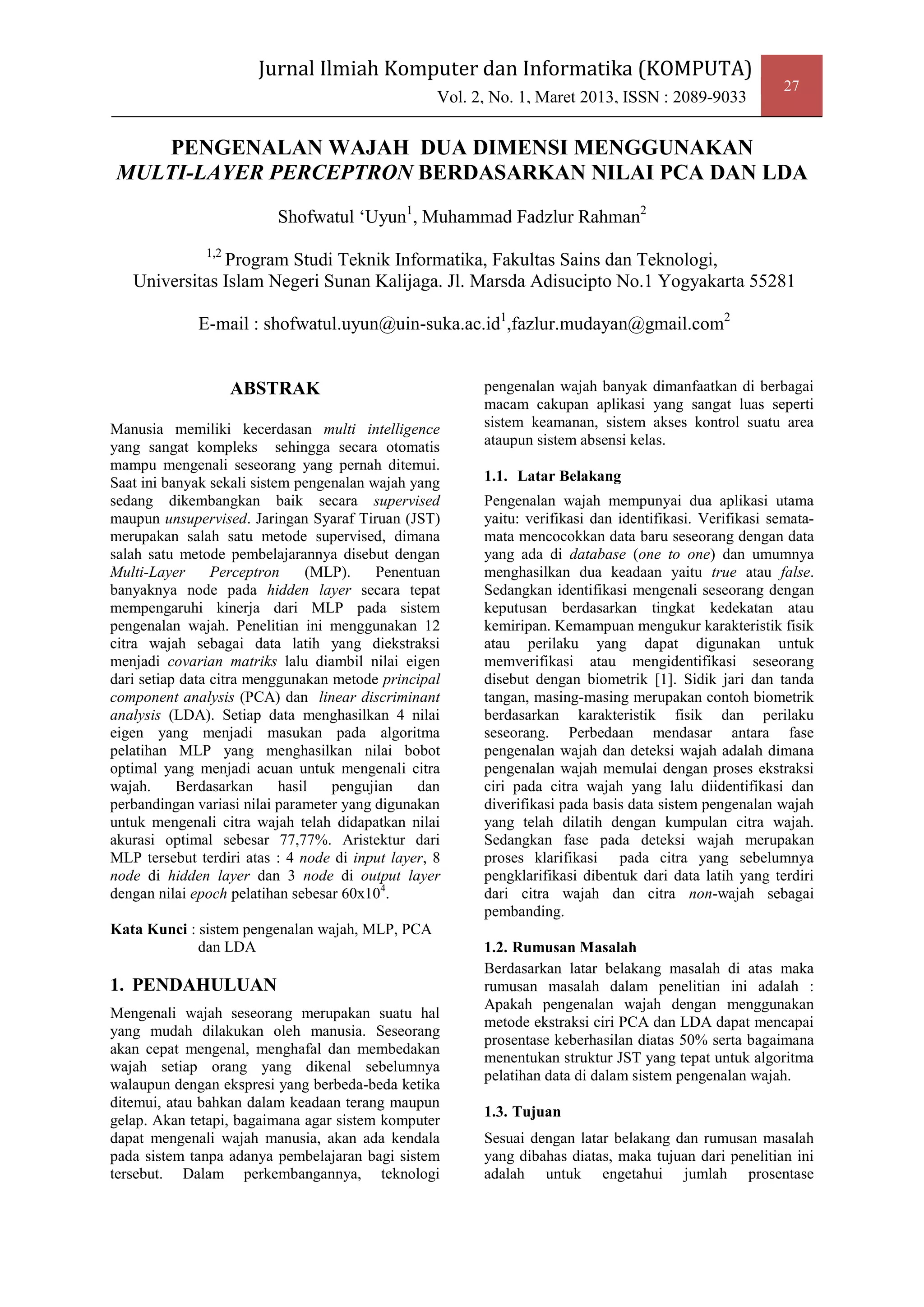 Pengenalan Wajah Dua Dimensi Menggunakan Multi-Layer Perceptron ...
