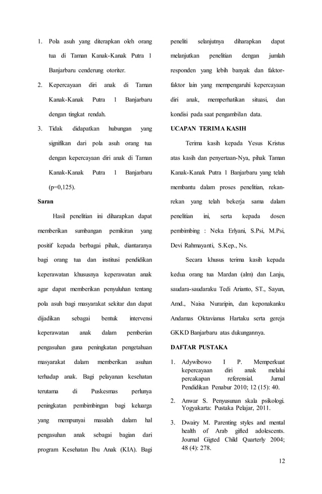 HUBUNGAN POLA ASUH ORANG TUA DENGAN KEPERCAYAAN DIRI ANAK DI TAMAN KANAK-KANAK PUTRA 1 ...