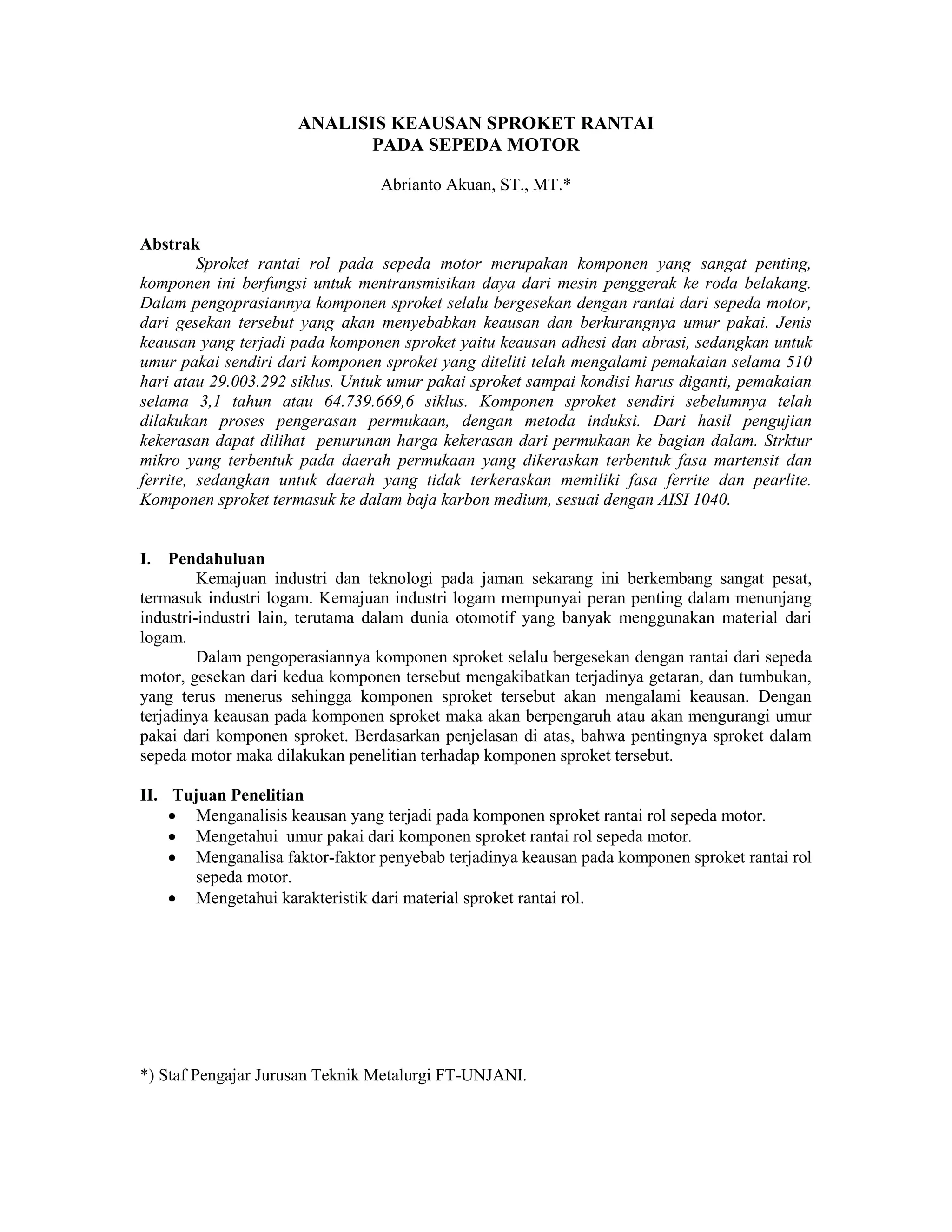Jurnal analisis keausan sproket rantai rol (AA) | PDF