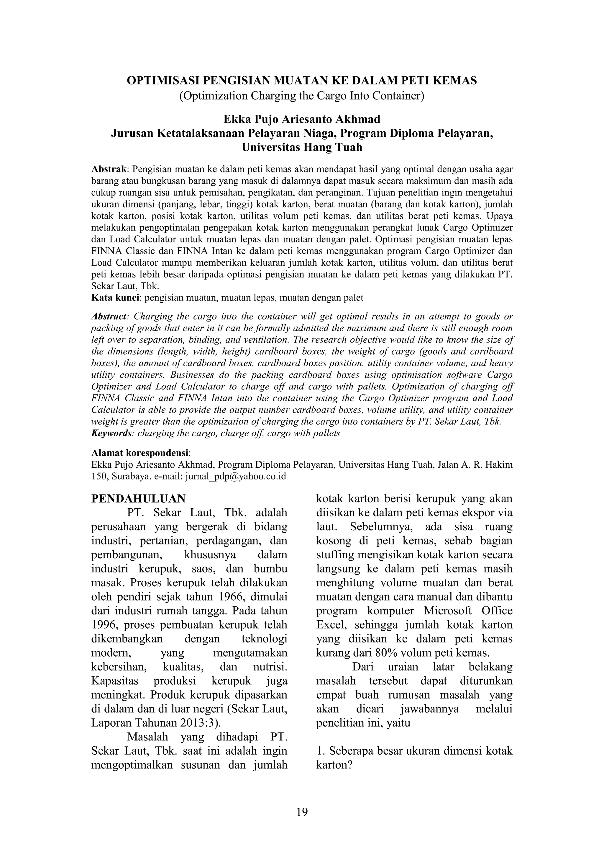 Jurnal pdp vol 5 no 1 ekka optimisasi pengisian muatan ke dalam peti kemas | PDF